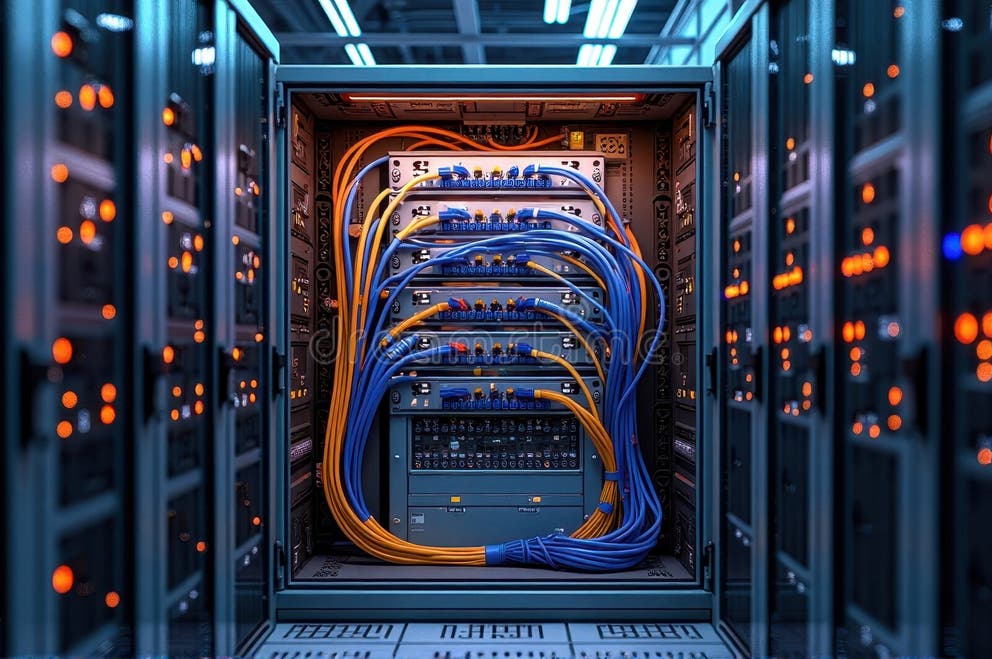 Modern Data Center Server Racks with Colored Network Cables and Led ...