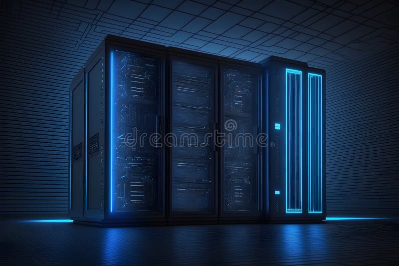 Modern Data Center - Server Racks in a Dark Room Glow with Neon Light ...