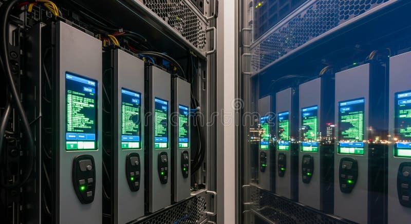 Modern Data Center Server Racks with Glowing Green Screens Displaying Digital Information Stock ...