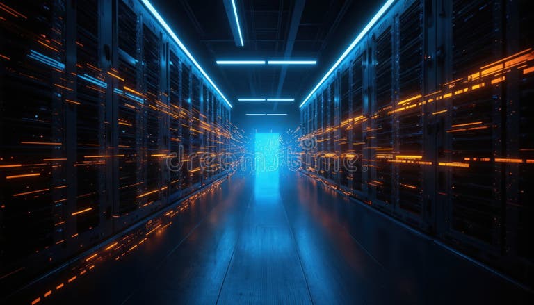 Modern Data Center Server Racks Illuminate Dark Room with Blue, Orange Light, Visualizing Data ...
