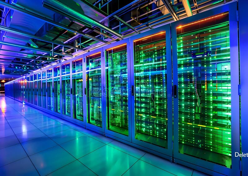Modern Data Center with Server Racks and LED Lights Highlighting Cyber ...