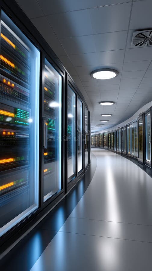 Modern Big Data Server Room Corridor Hallway with High Racks Full of ...