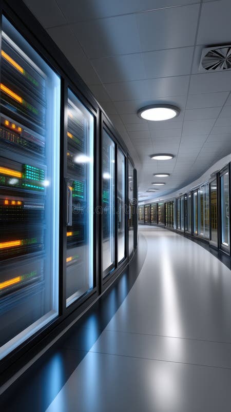 Modern Data Center Server Racks in a Long Curved Corridor Stock Photo ...