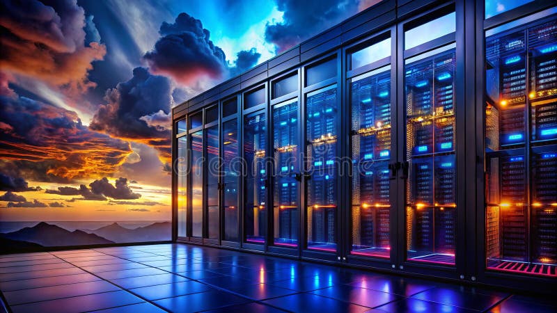 Modern Data Center Server Racks Sparkle Under Night Illumination a Glimpse into the Digital ...
