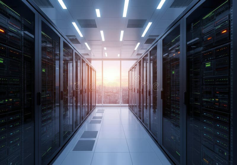 Modern Data Center with Server Racks and Sunset View through Windows ...