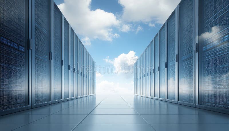 Modern Data Center with Server Racks Under a Bright Blue Sky and Clouds ...