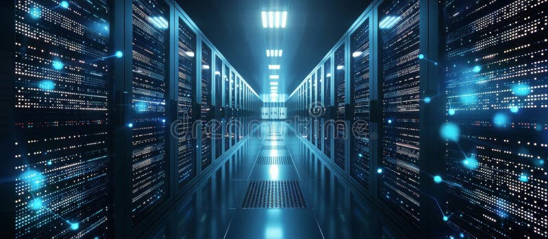 Modern Data Center Server Room with Blue Neon Lights Stock Photo ...