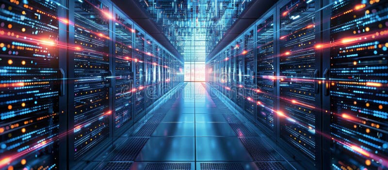 Illuminated Server Room with Blue Neon Lights and Data Racks Stock ...