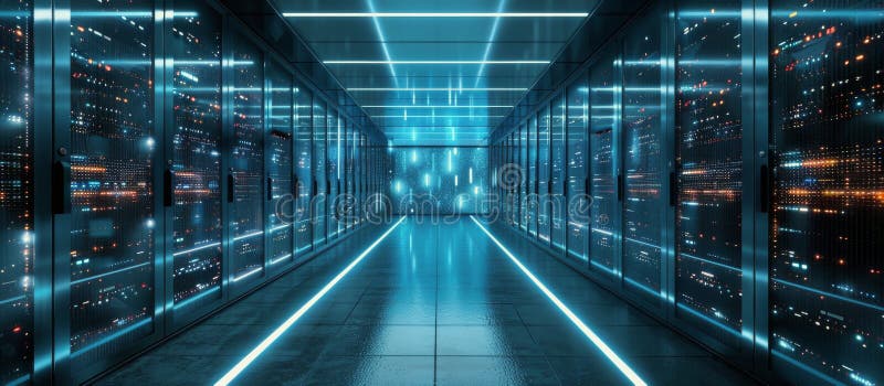Illuminated Server Room with Blue Neon Lights and Data Racks Stock ...