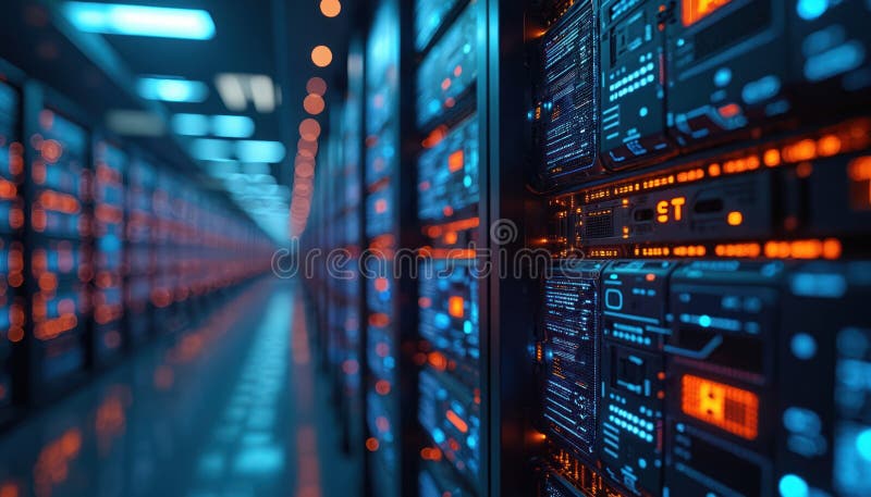 Modern Data Center Server Room. Blue, Orange Lights Illuminate Rack ...