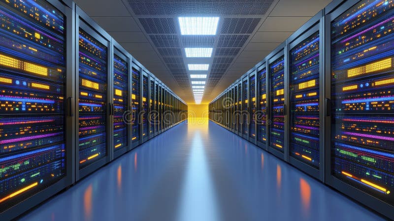 Modern Data Center Server Room with Bright Lighting Stock Illustration ...