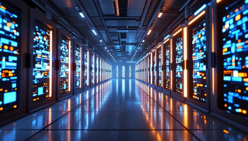Modern Data Center Server Room with Bright Lights Stock Illustration ...