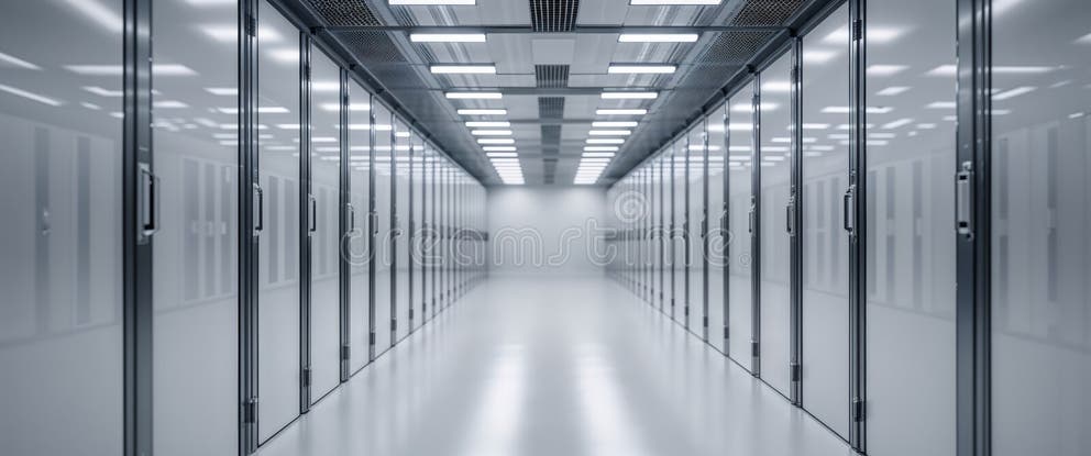 Modern Data Center Server Room Corridor White Walls Bright Lighting ...