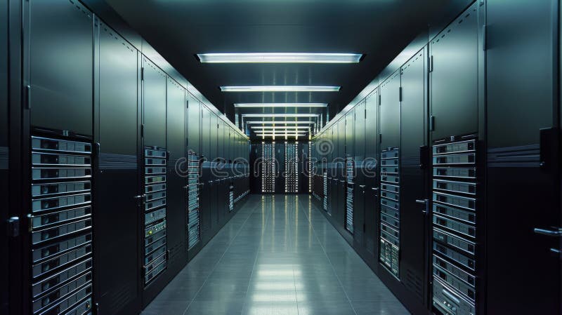 Modern Data Center Server Room in Dim Lighting Stock Image - Image of ...