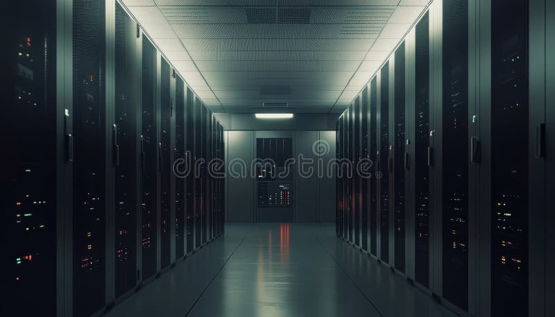 Modern Data Center Server Room Featuring Rows of Servers in Dim ...