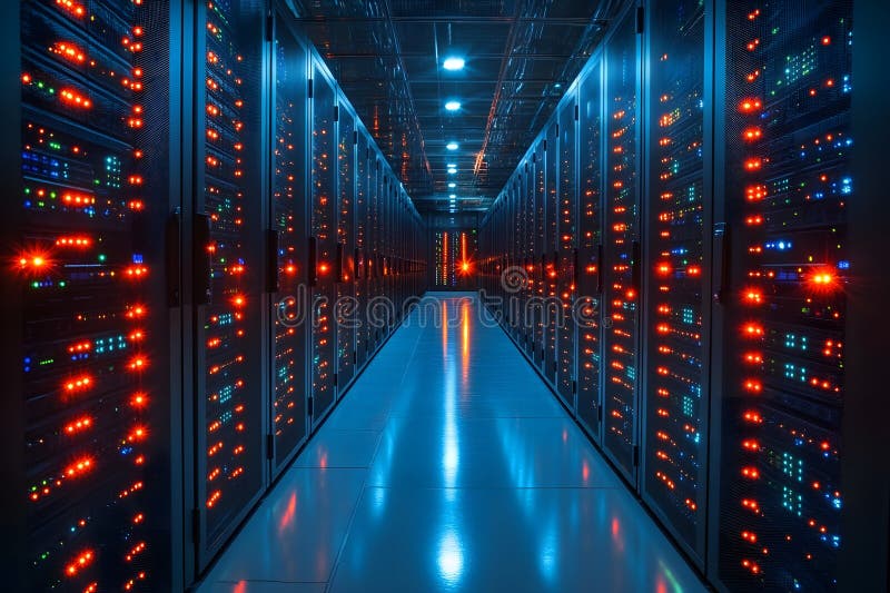 Modern Data Center Server Room with Glowing LED Lights for Technology ...