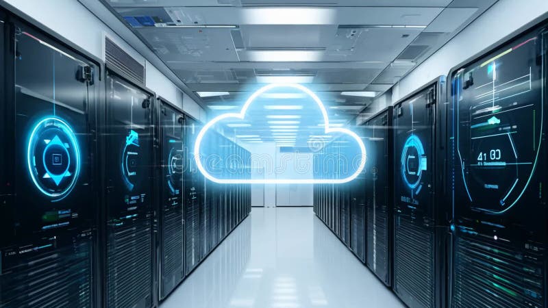 Modern Data Center Server Room with High-Tech Digital Interface ...