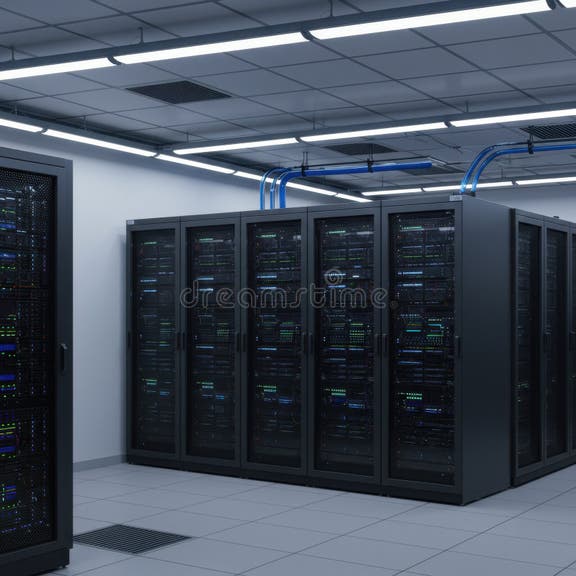 Modern Data Center Server Room Interior with Black Racks and Blue ...