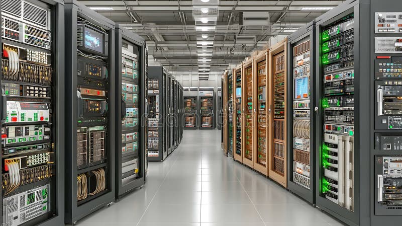 Modern Data Center Server Room Interior with Racks of Network Hardware ...