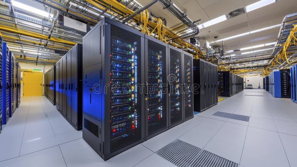 Modern Data Center Server Room Interior with Rows of Network Servers ...