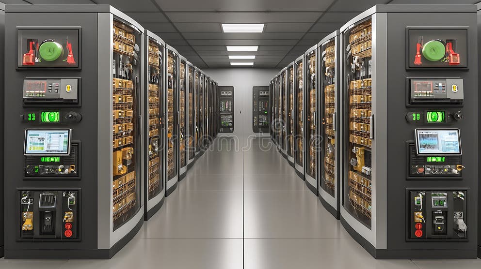 Modern Data Center Server Room Interior with Rows of Servers and ...