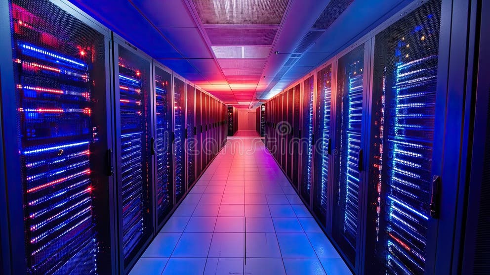 Modern Data Center Server Room with Purple and Blue Lighting Stock Illustration - Illustration ...