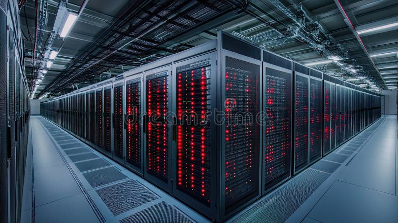 Modern Data Center Server Room with Red Lights Stock Illustration ...