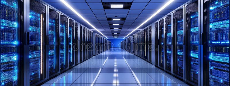 A Modern Data Center Server Room with Rows of Servers Lit with Blue ...