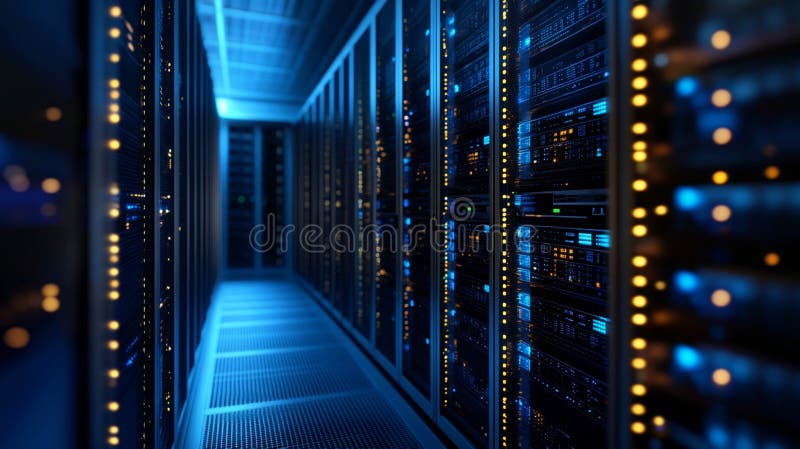 Modern Data Center Server Room Technology Blue Light Digital Network ...