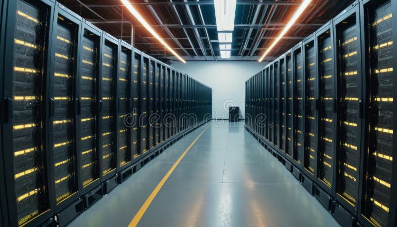 Server Room Illuminated Blue Orange Lights Rows Hardware Cabinets Stock ...