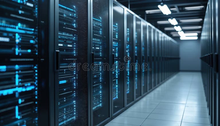 Modern Data Center Servers with Blue Lights, Network Infrastructure ...
