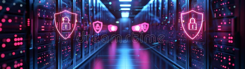 Modern Data Center Servers with Cybersecurity Icons and Neon Lights ...