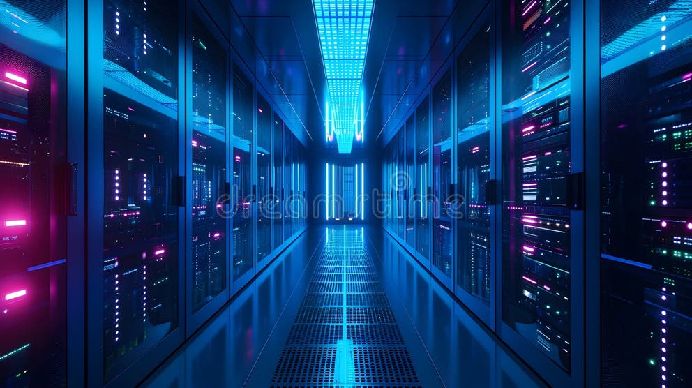 Modern Data Center Servers Glowing in Blue and Pink Lights, Network ...