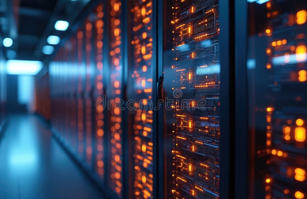 Modern Data Center with Servers Lit by Orange and Blue Lights. Tech ...