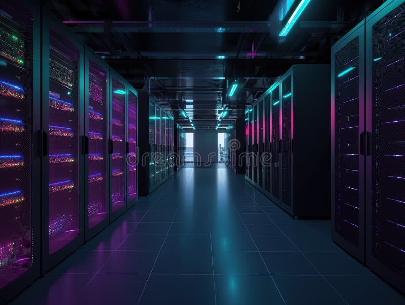 Modern Data Center with Servers and Neon Light Stock Illustration ...