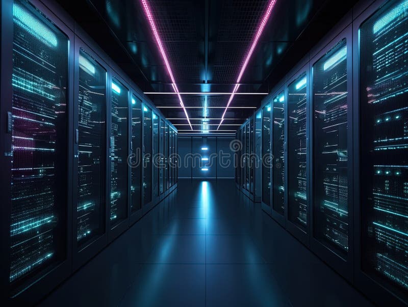 Modern Data Center with Servers and Neon Light Stock Illustration ...