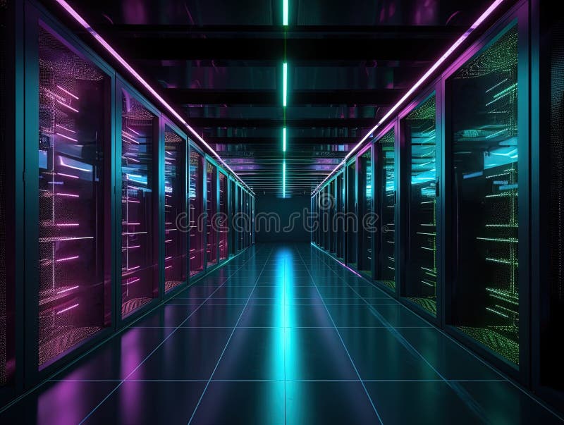 Modern Data Center with Servers and Neon Light Stock Illustration ...