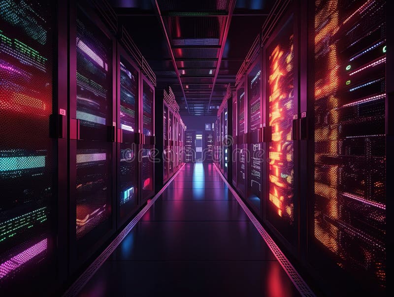 Modern Data Center with Servers and Neon Light Stock Illustration ...