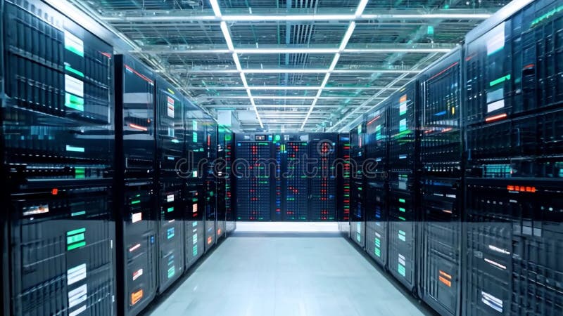 Advanced Data Center Featuring Row upon Row of High-Tech Servers and ...