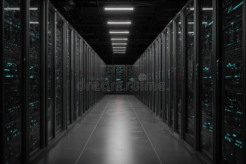 Modern Data Center Showcasing Rows of Servers Illuminated by Teal ...