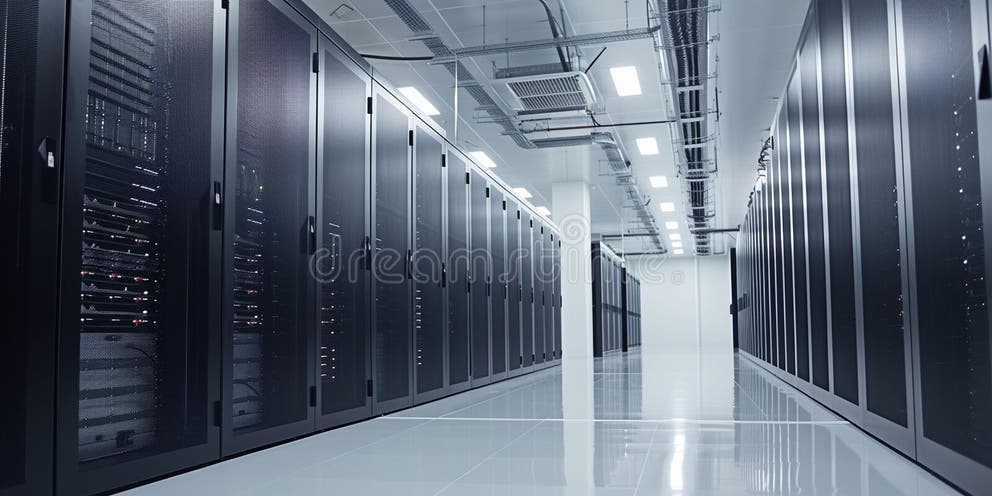 Modern Data Center Showcasing Rows of Sleek Black Server Racks. Stock ...