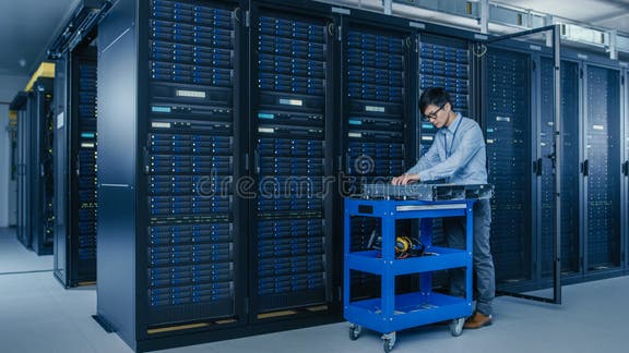 In the Modern Data Center: it Technician Working with Server Racks, on ...
