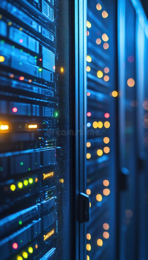 Modern Data Center Technology with LED Lights and Complex Wiring for ...