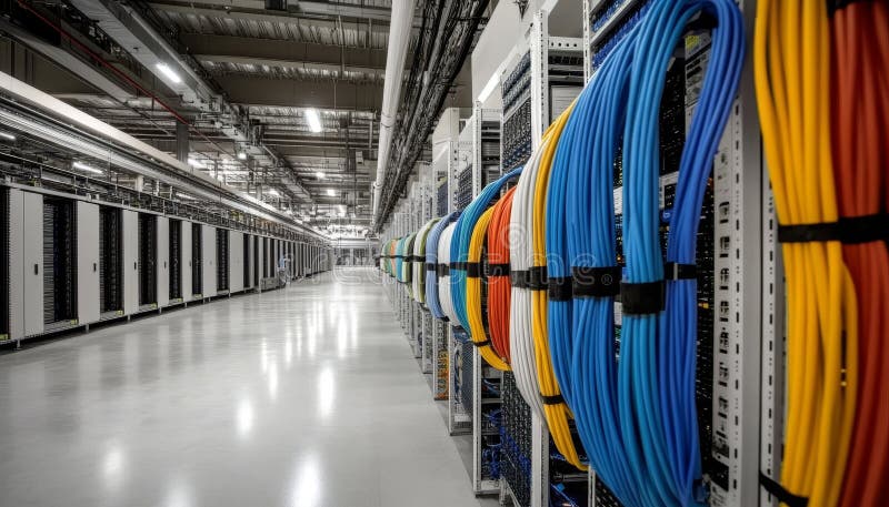 Modern Data Center with Vibrant Power Cables, Showcasing Energy Safety ...