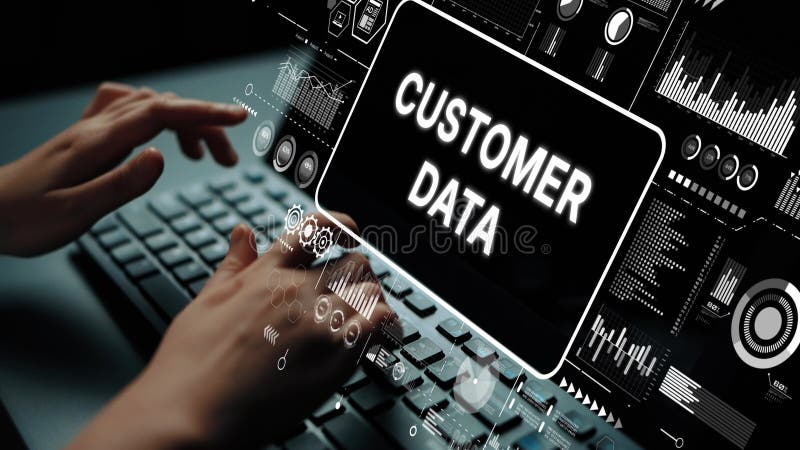Modern Data Management Interface Displaying Customer Data with Hands Typing on Keyboard ...