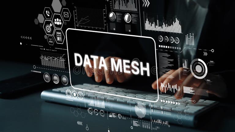 Modern Data Mesh Concept with Hands Typing on Keyboard Surrounded by ...