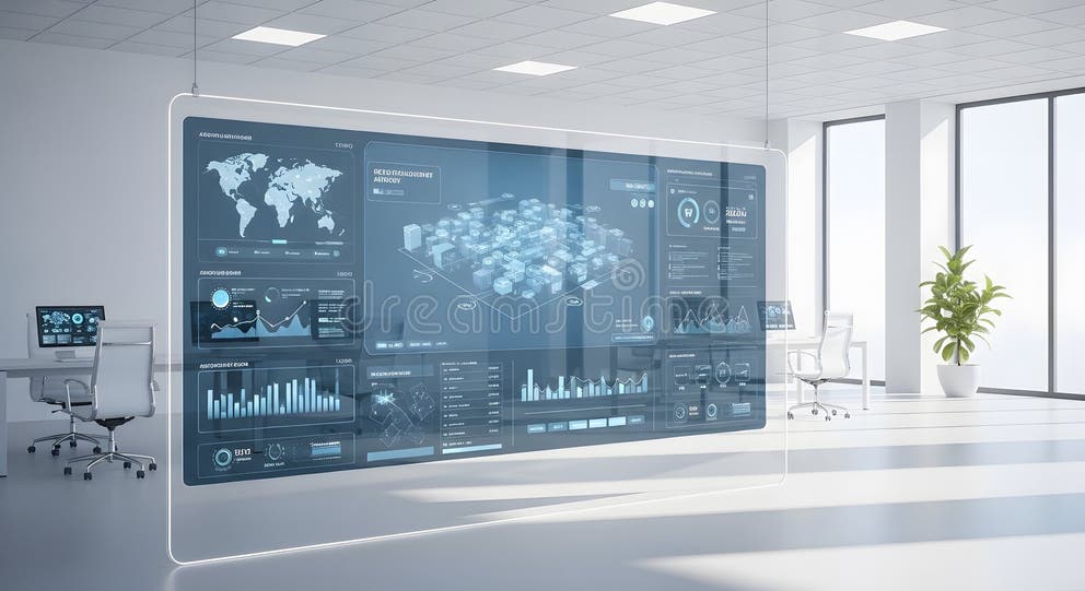 Modern Data Screen Shows Global City Analytics in a Minimalist Office ...