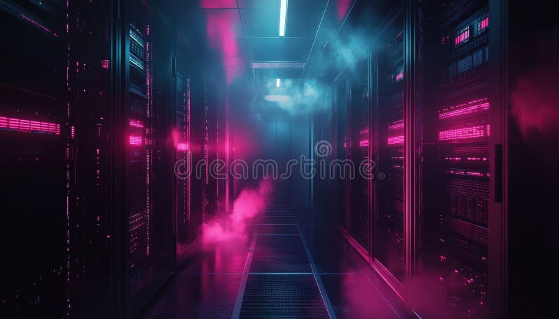 A Modern Data Server Center Illuminated by Neon Lights at Nighttime ...