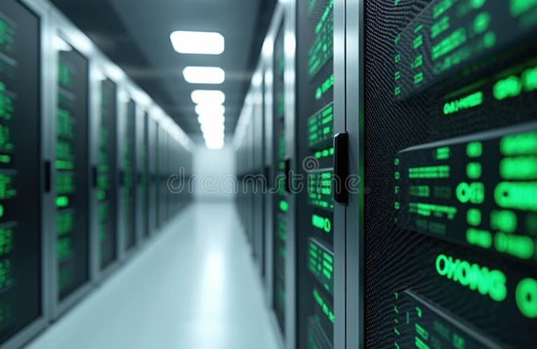 Modern Data Server Rack with Green LED Lights Inside Data Center. Digital Information ...