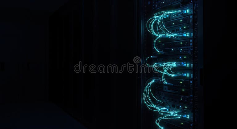 A Modern Data Server Rack Illuminates a Dark Room with Glowing Blue ...